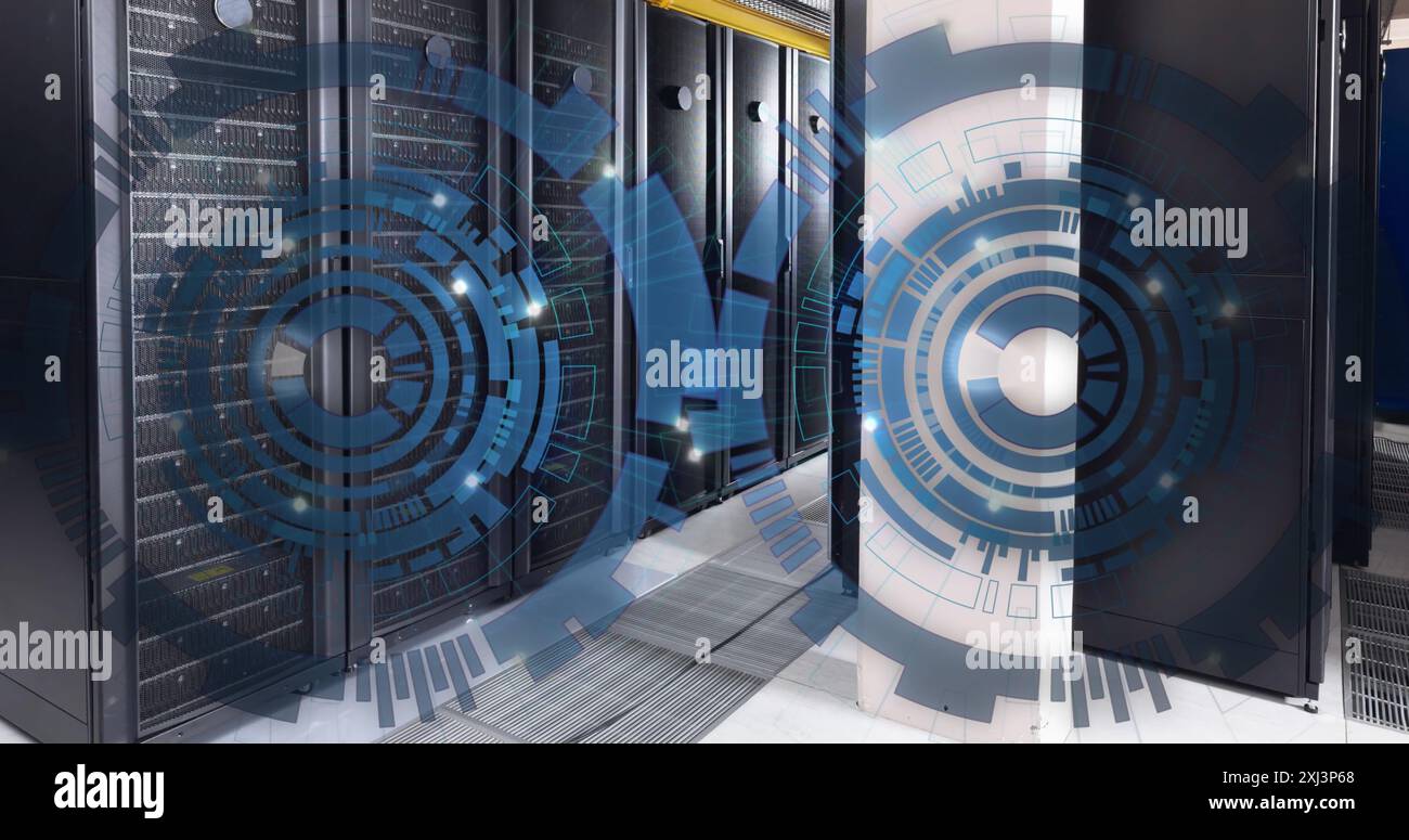 Image of two blue round scanner spinning against computer server room. Computer interface and ...