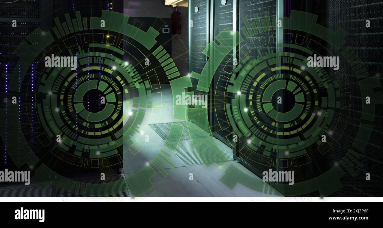 Image of two green round scanner spinning against computer server room ...