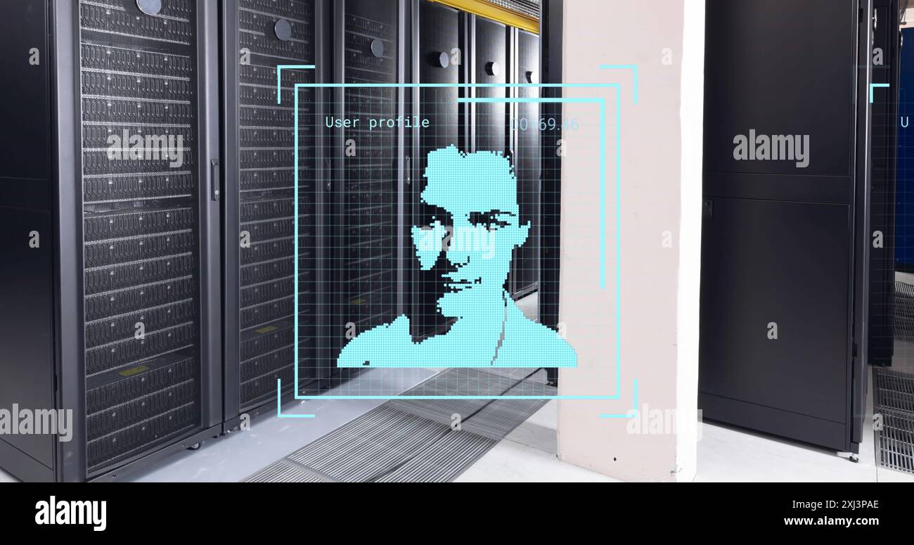Image of multiple profile icons against empty computer server room ...