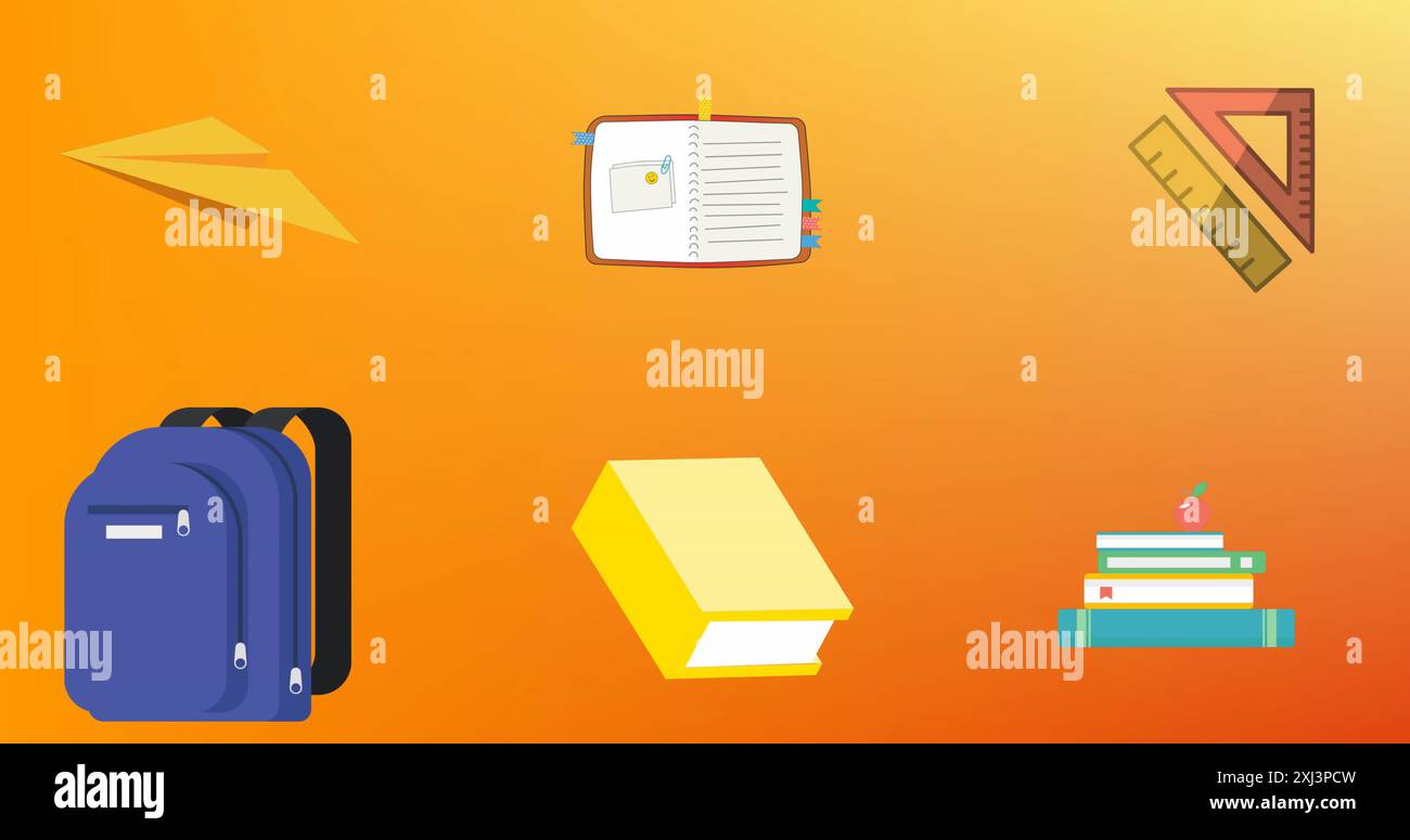 Image of multiple school concept icons against copy space on orange ...