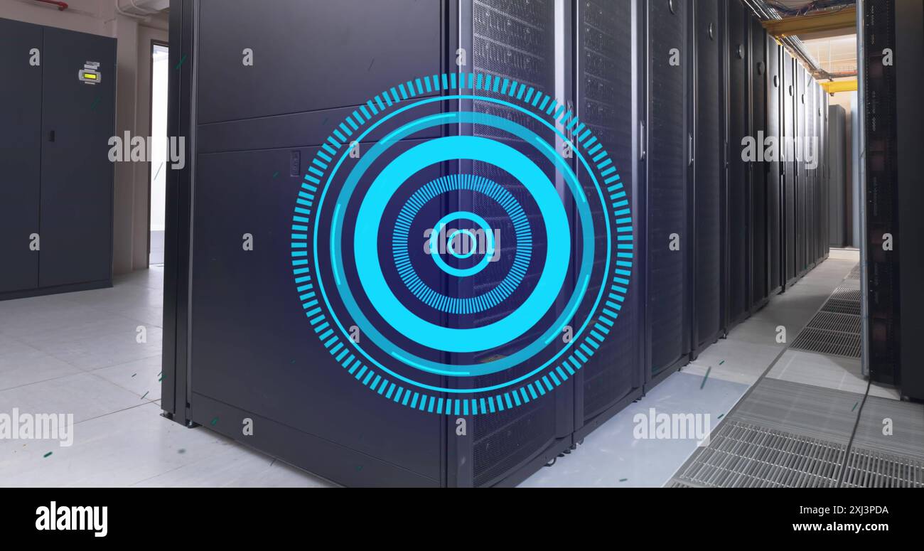 Image of blue round scanner spinning against computer server room ...