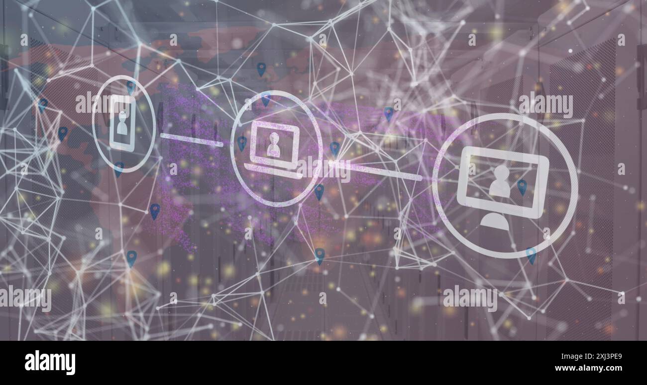 Image of icons in circles, navigation pin over connected dots forming ...