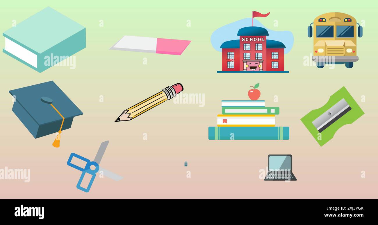 Image of multiple school concept icons against copy space on pink ...