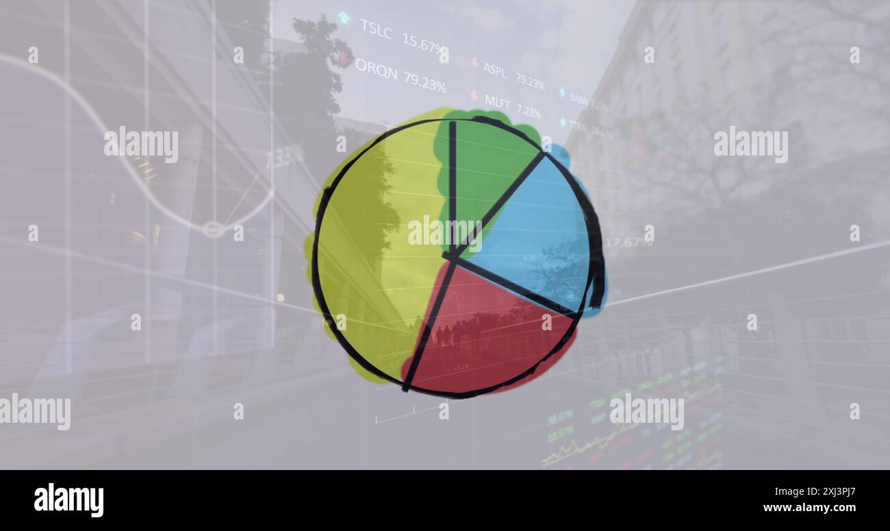 Image of pie graph icon against time-lapse of people walking on the ...