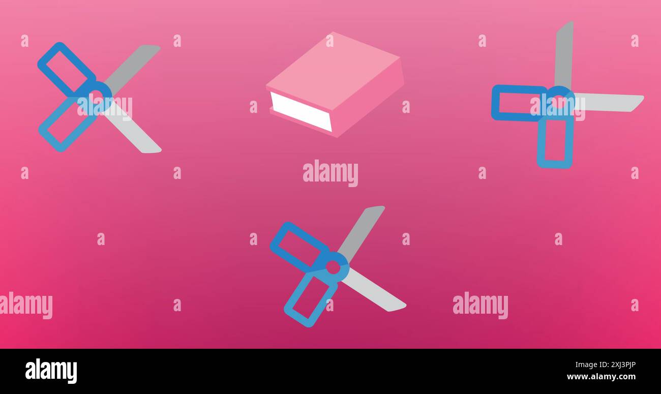 Image of multiple books and scissors icons against copy space on pink ...