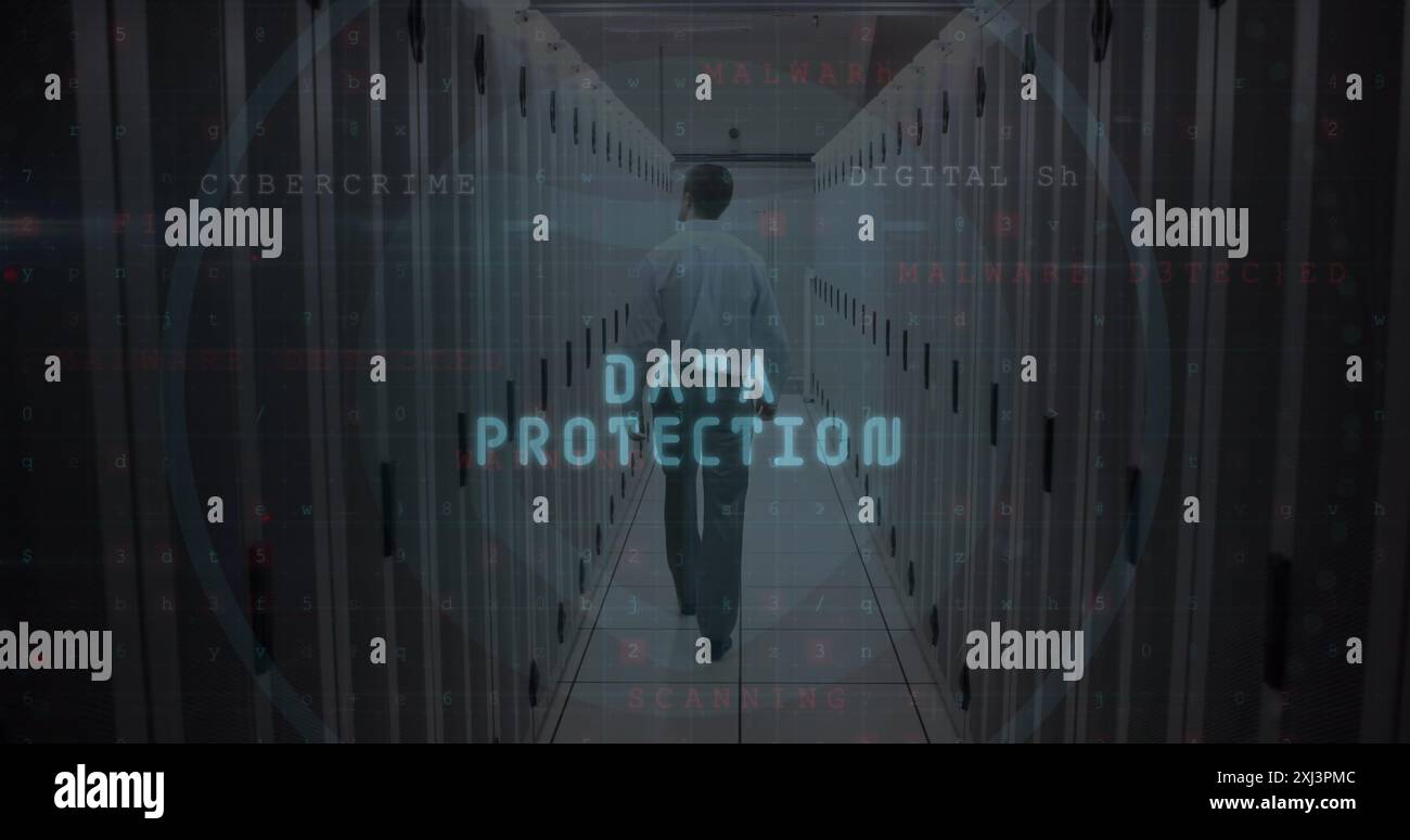Image Of Data Protection Text Fingerprint Icons Over Rear View Of Man