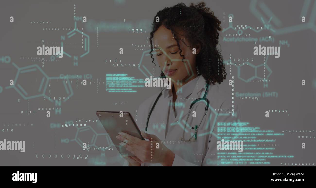 Image of scientific data over biracial female doctor. Global healthcare ...