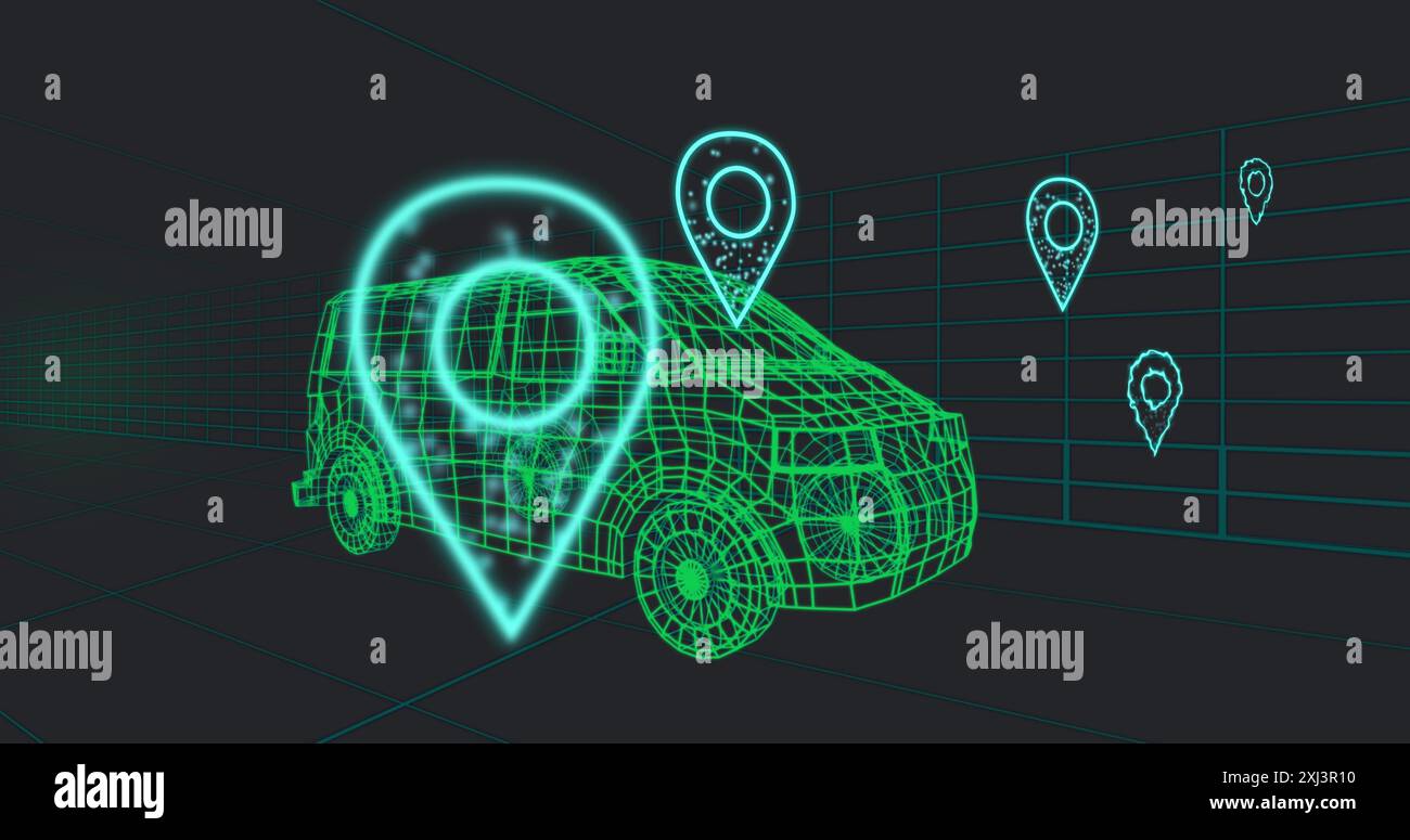 Image of multiple location pin icons over 3d van model moving in ...