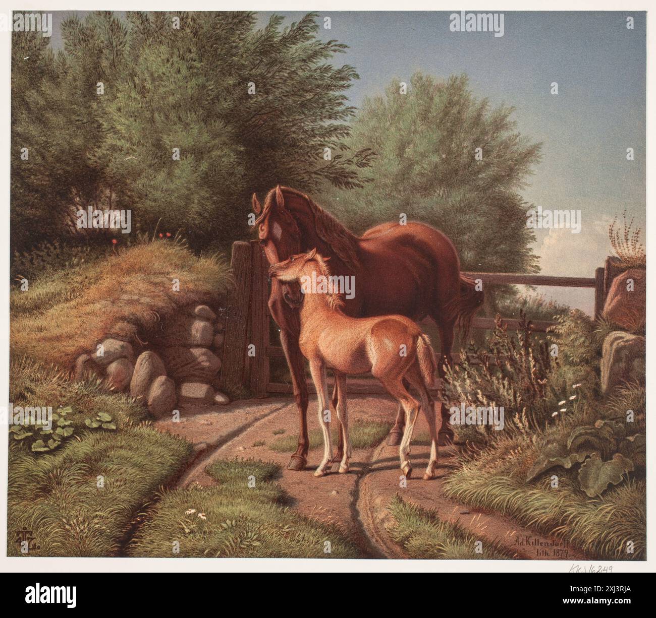 A jump with his foal Kittendorff, Adolph 1820 - 1902, Lundbye, Johan ...
