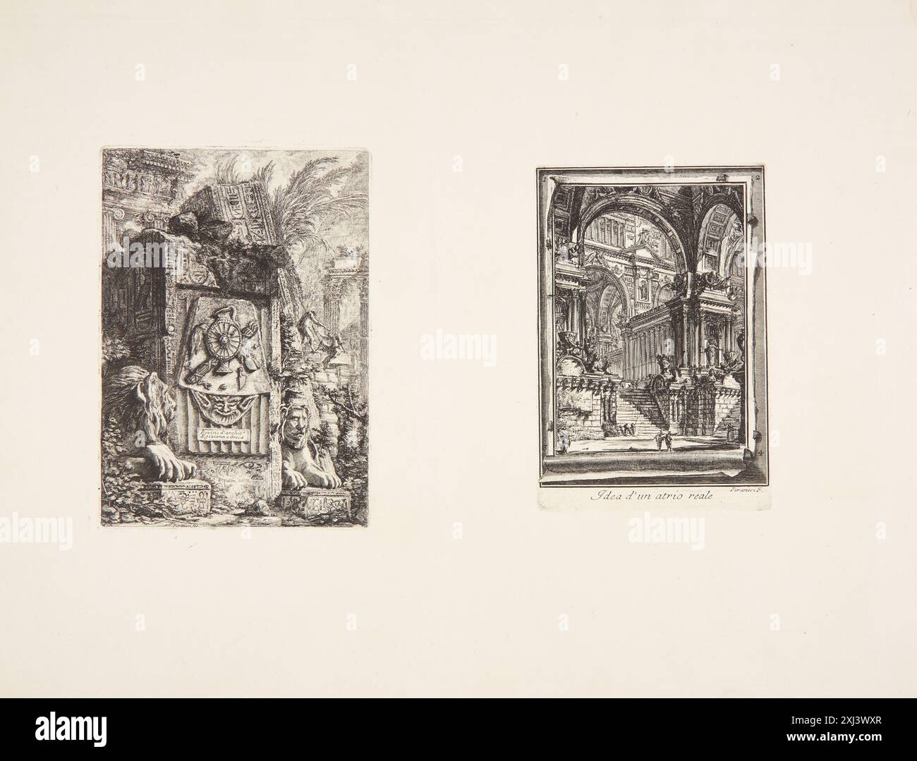 Engraving showing ruins of Egyptian and Greek architecture and an ...