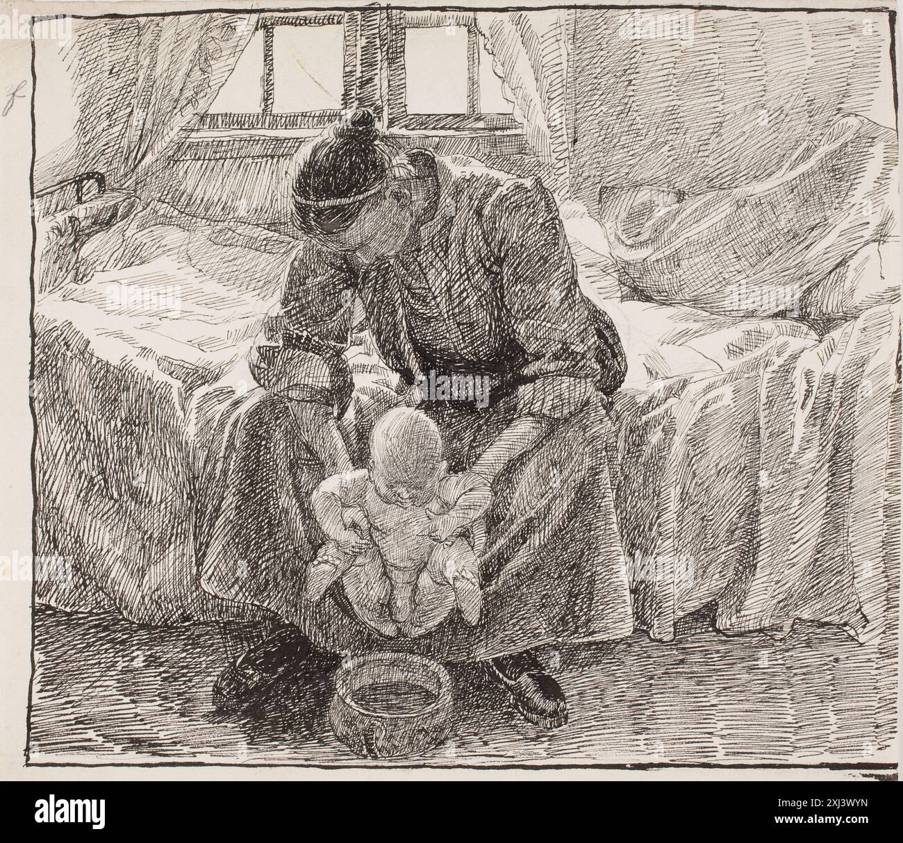 Drawing by Fritz Syberg (1862-1939) depicting the artist's wife holding ...