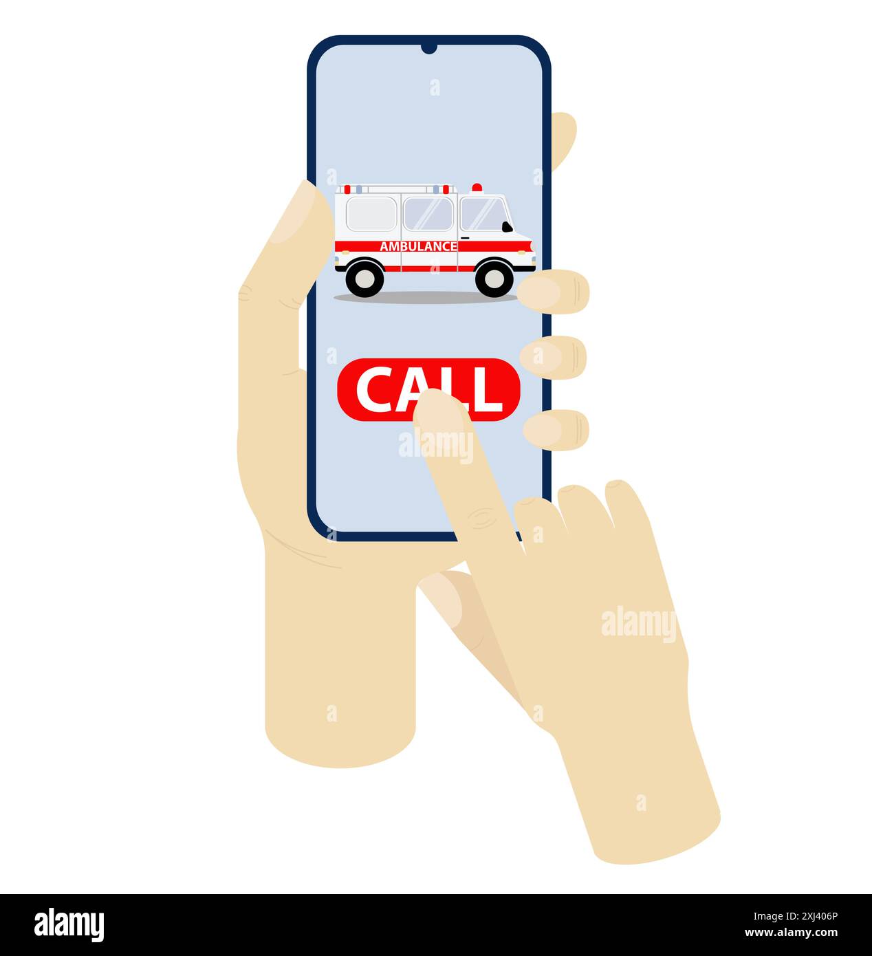 Ambulance and call button on smartphone screen in hands on white ...