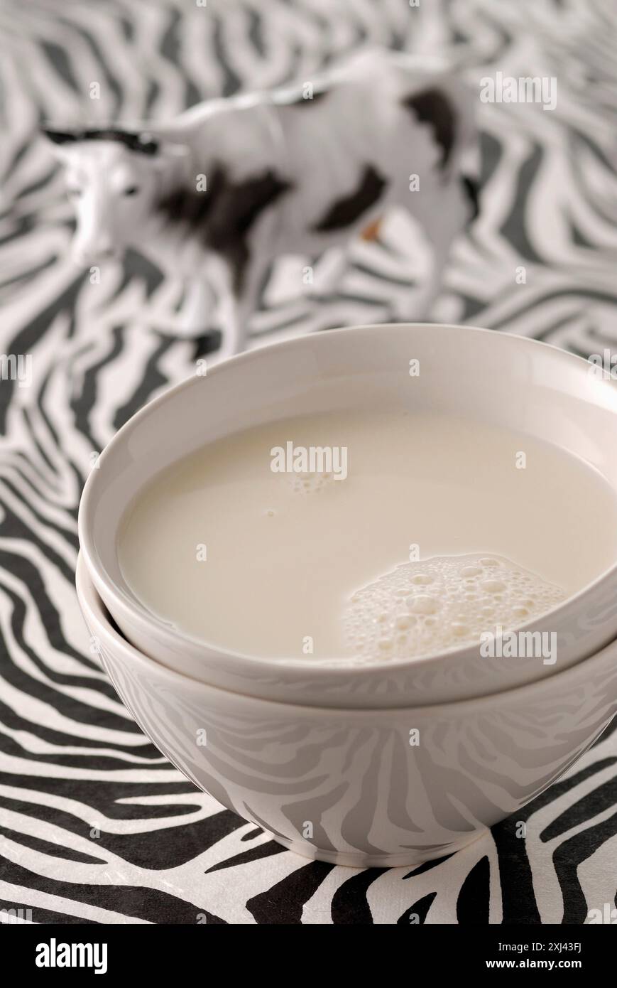 Bowl of milk on a zebra table cloth Stock Photo - Alamy