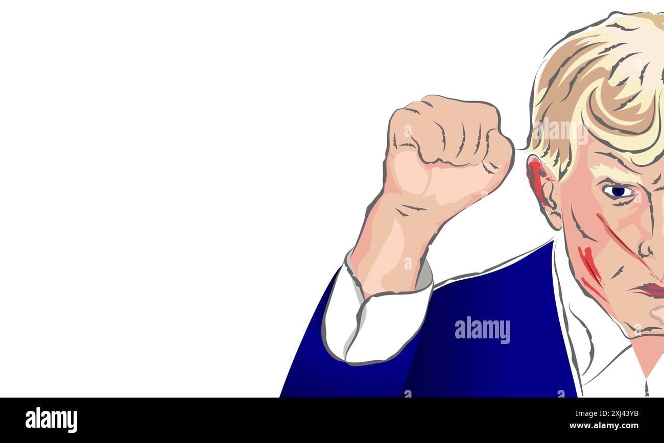 Portrait of Donald Trump with bloody ear and raised hand. Isolated on ...