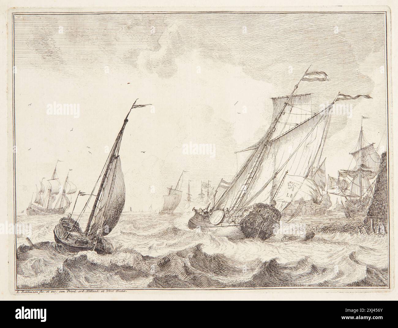 Etching by Ludolf Bakhuizen depicting sailing ships near the Dutch ...