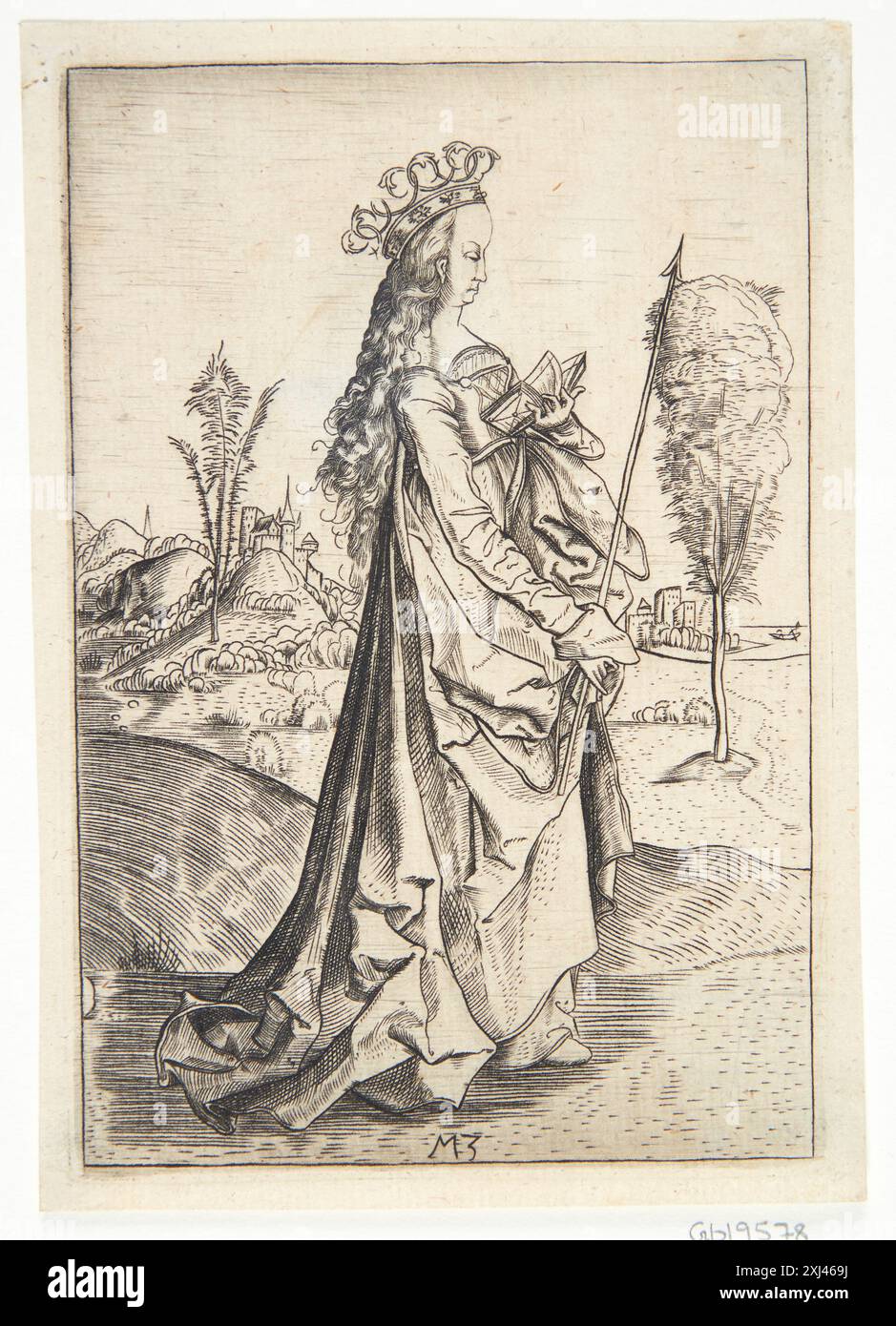 Depicts Saint Ursula, created as a copper engraving by Monogrammist MZ ...