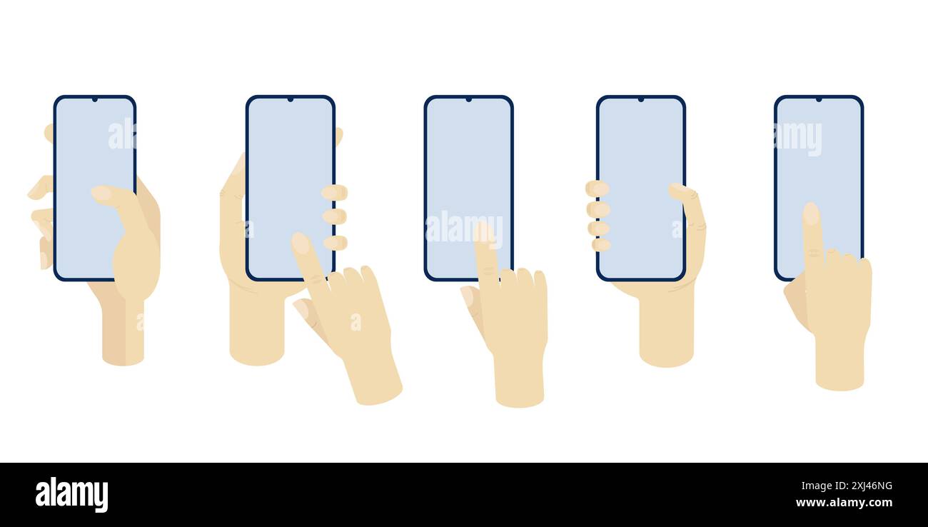 Hand holding mobile phone horizontally and vertically with blank screen ...