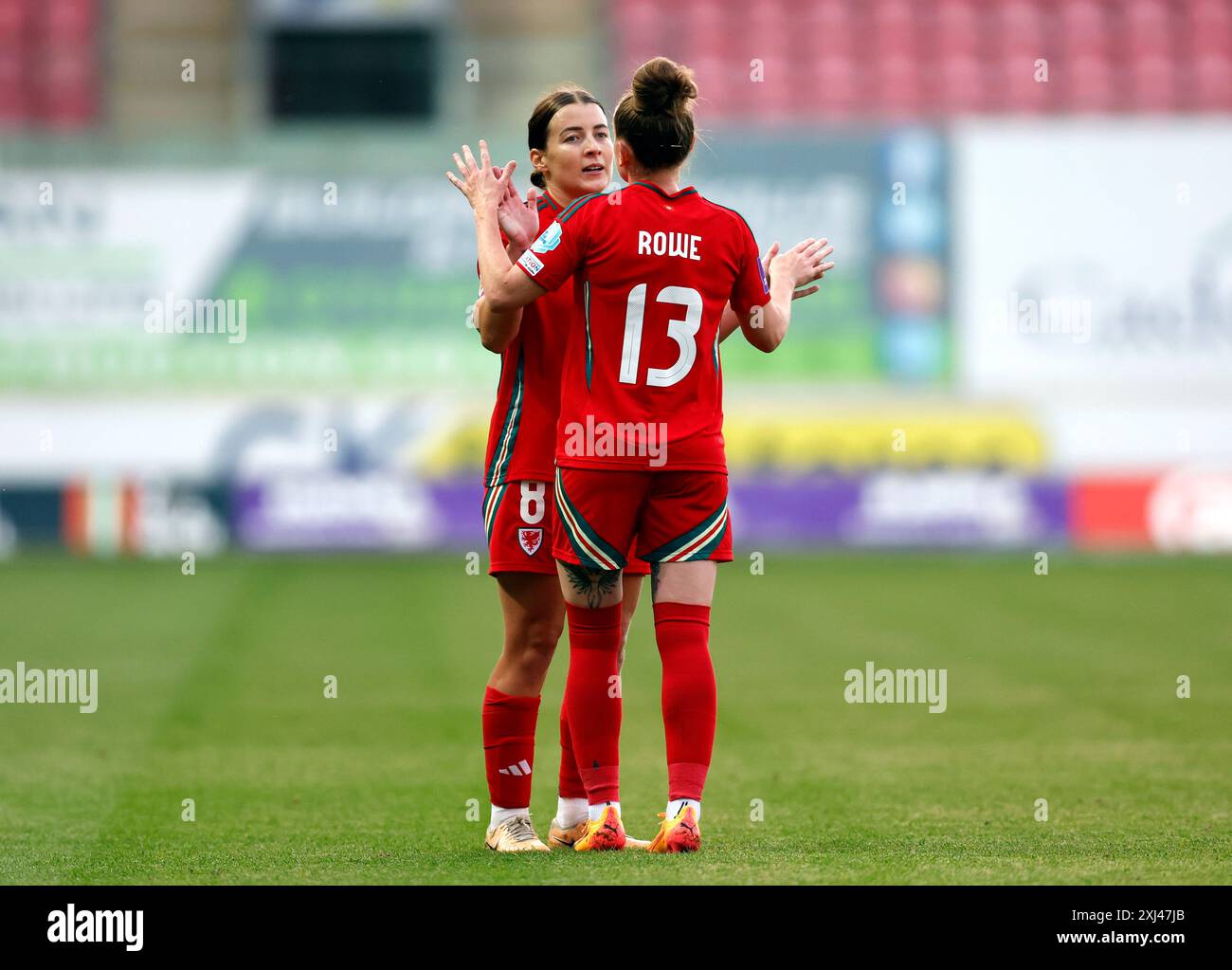 Wales' Angharad James and Rachel Rowe celebrate following the UEFA ...