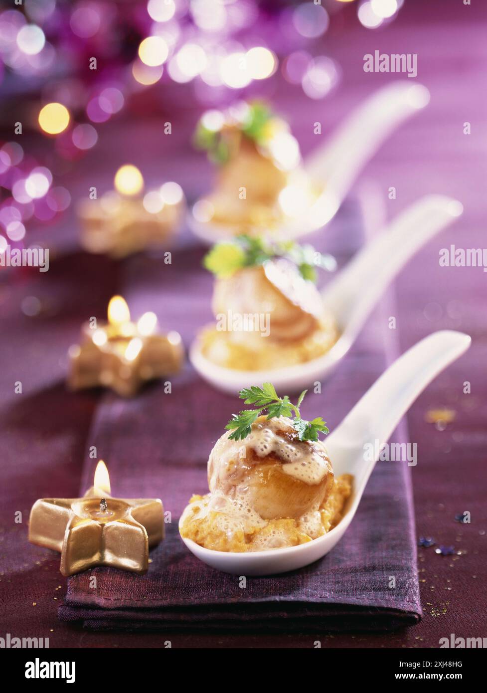 Scallop,bacon and mild puree appetizers Stock Photo - Alamy