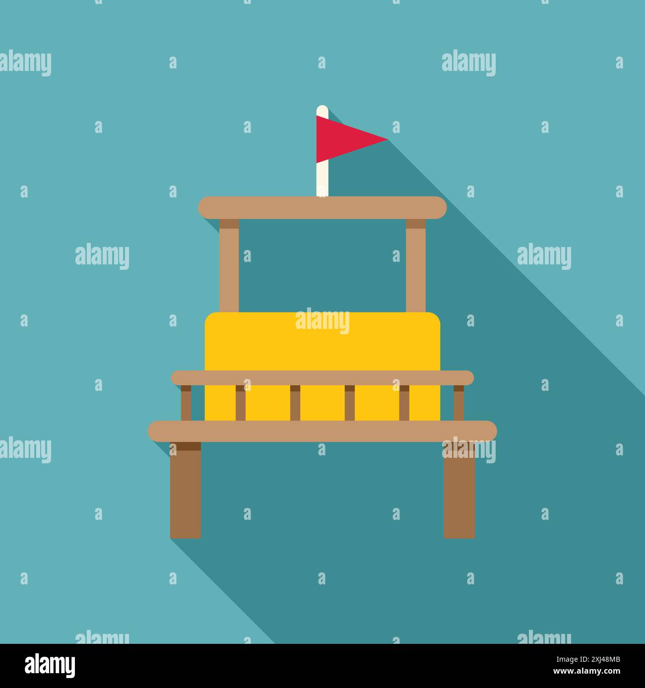 Simple illustration of wooden lifeguard tower with red flag standing on ...