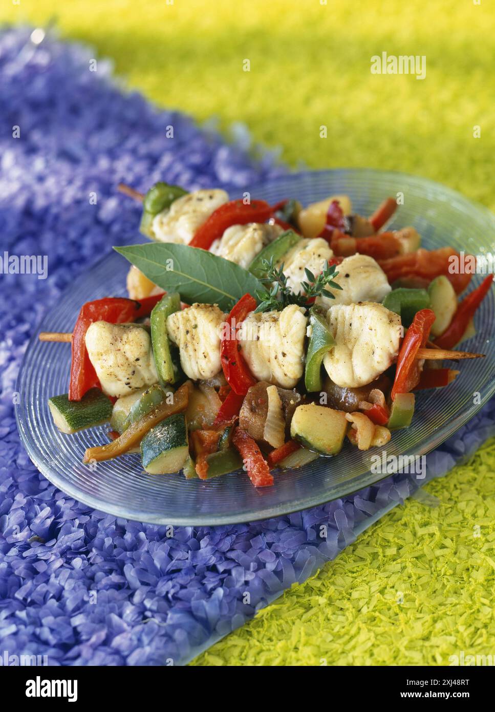 Monkfish and grilled vegetable brochettes Stock Photo - Alamy