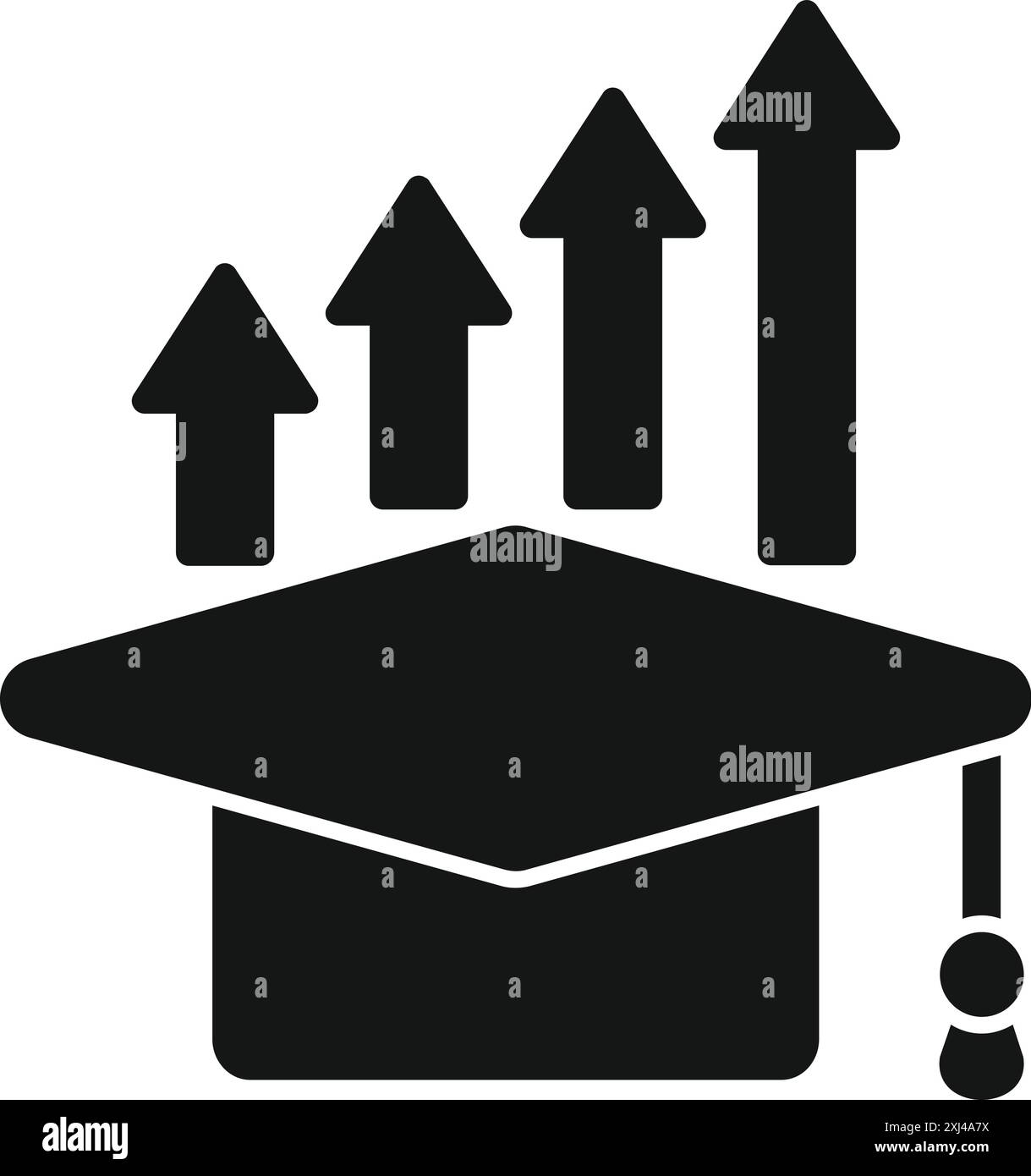 This simple icon represents a graduation cap with four upward arrows ...