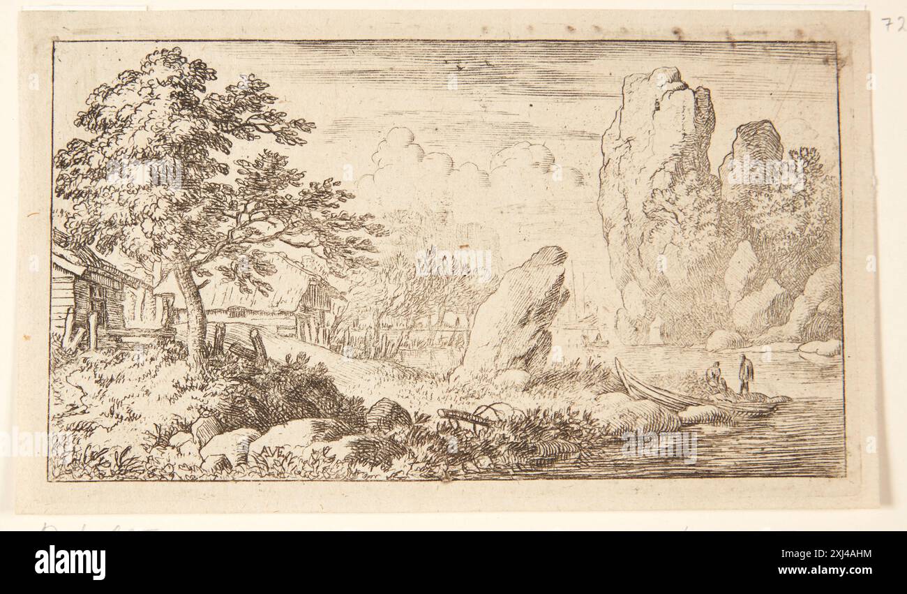 River landscape, in the foreground a rowboat pulled up on land ...