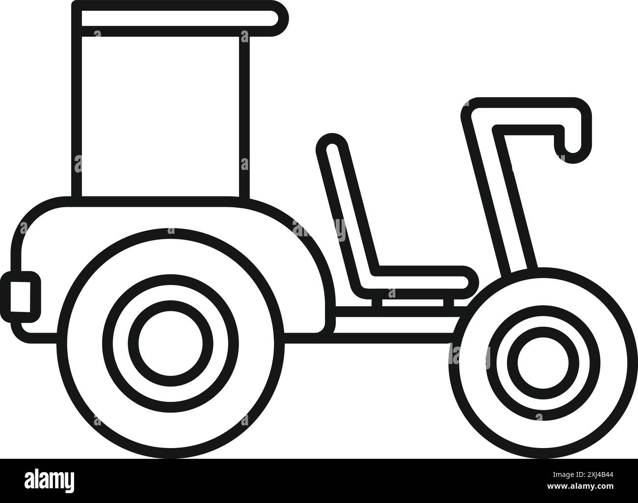 Simple black and white line drawing of a small modern tractor standing ...