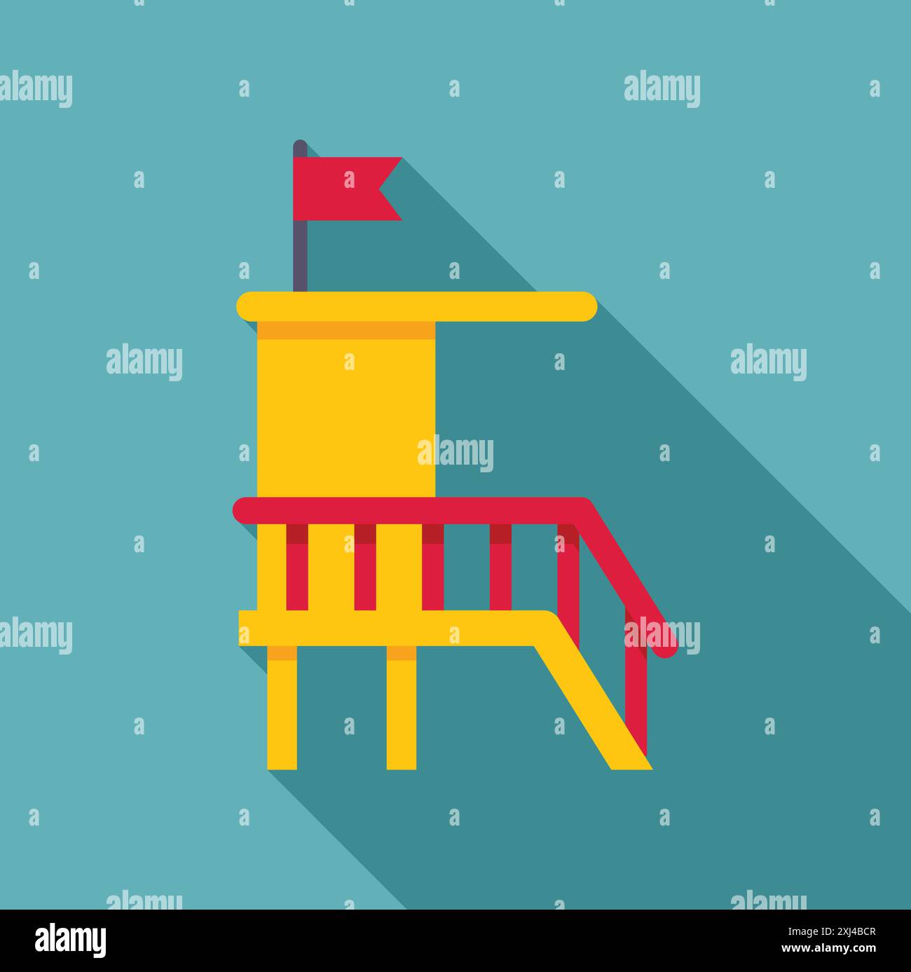 Yellow lifeguard tower with a red flag is standing on the beach ...
