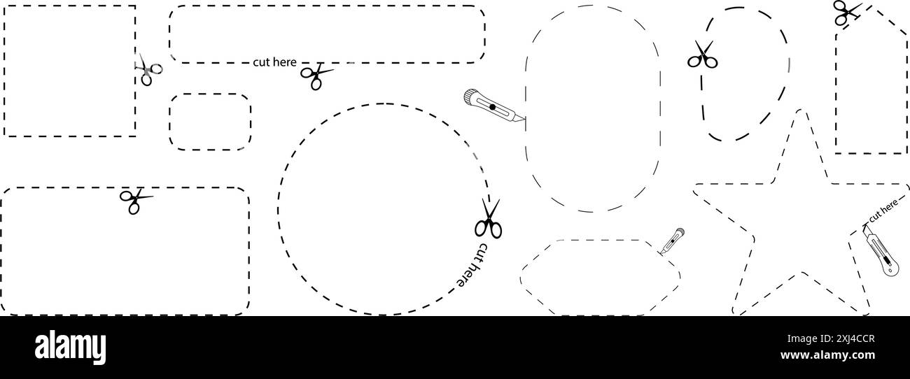 Cut here icon. Set of scissors cutting shape, paper cut here icon with ...