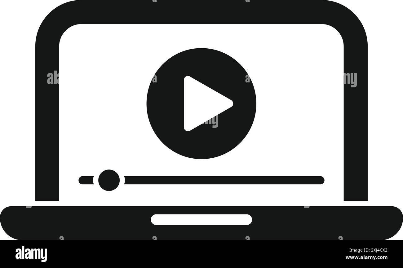 Simple icon of a laptop displaying a video player with a progress bar, representing online ...