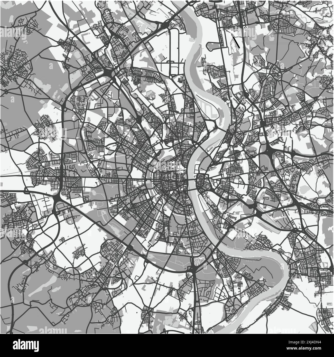 Map of Cologne in Germany in grayscale. Contains layered vector with roads water, parks, etc ...