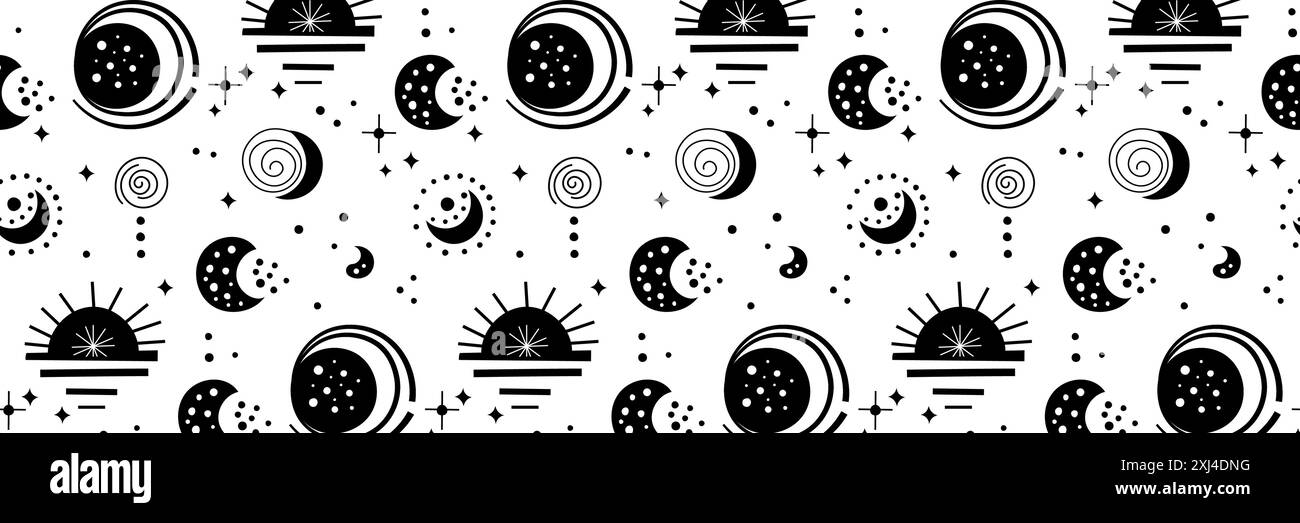 Seamless neo folk patterns with moon, cloud, sun and stars, black and ...
