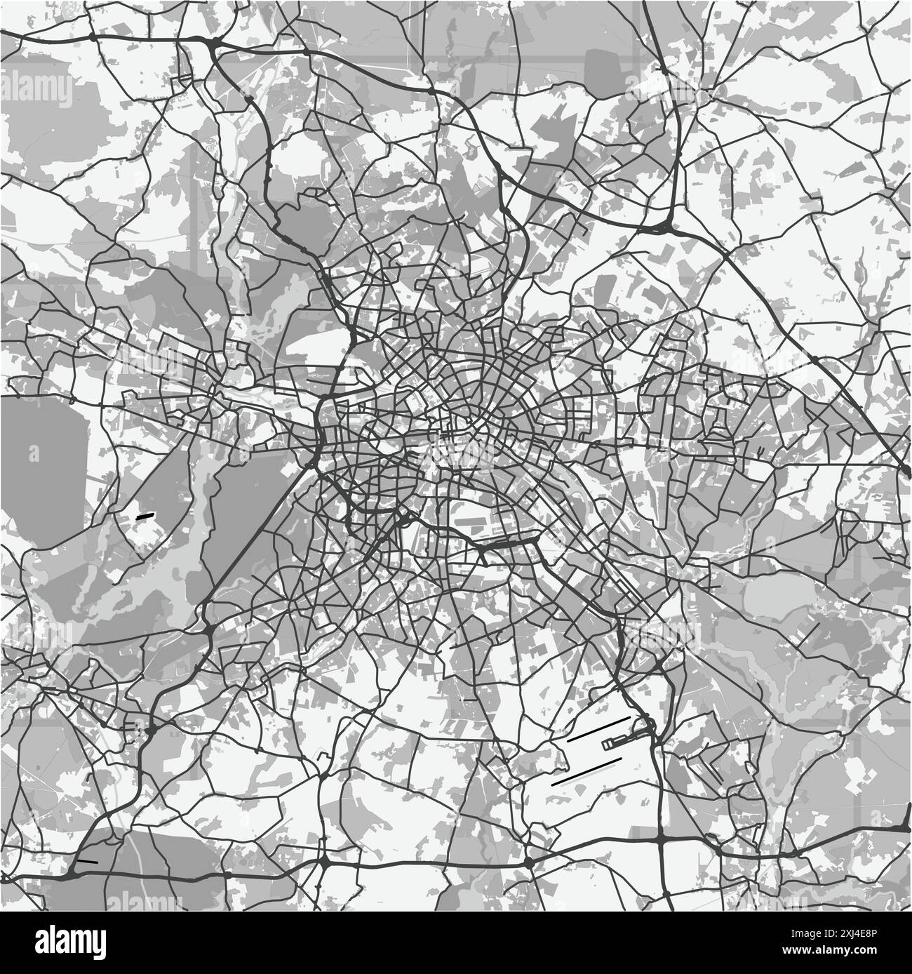 Map of Berlin in Germany in grayscale. Contains layered vector with roads water, parks, etc ...