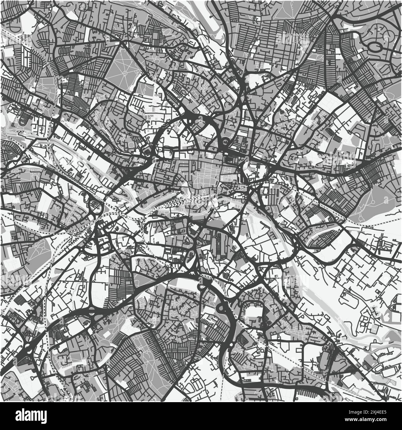 Map of Leeds in United Kingdom in grayscale. Contains layered vector with roads water, parks ...