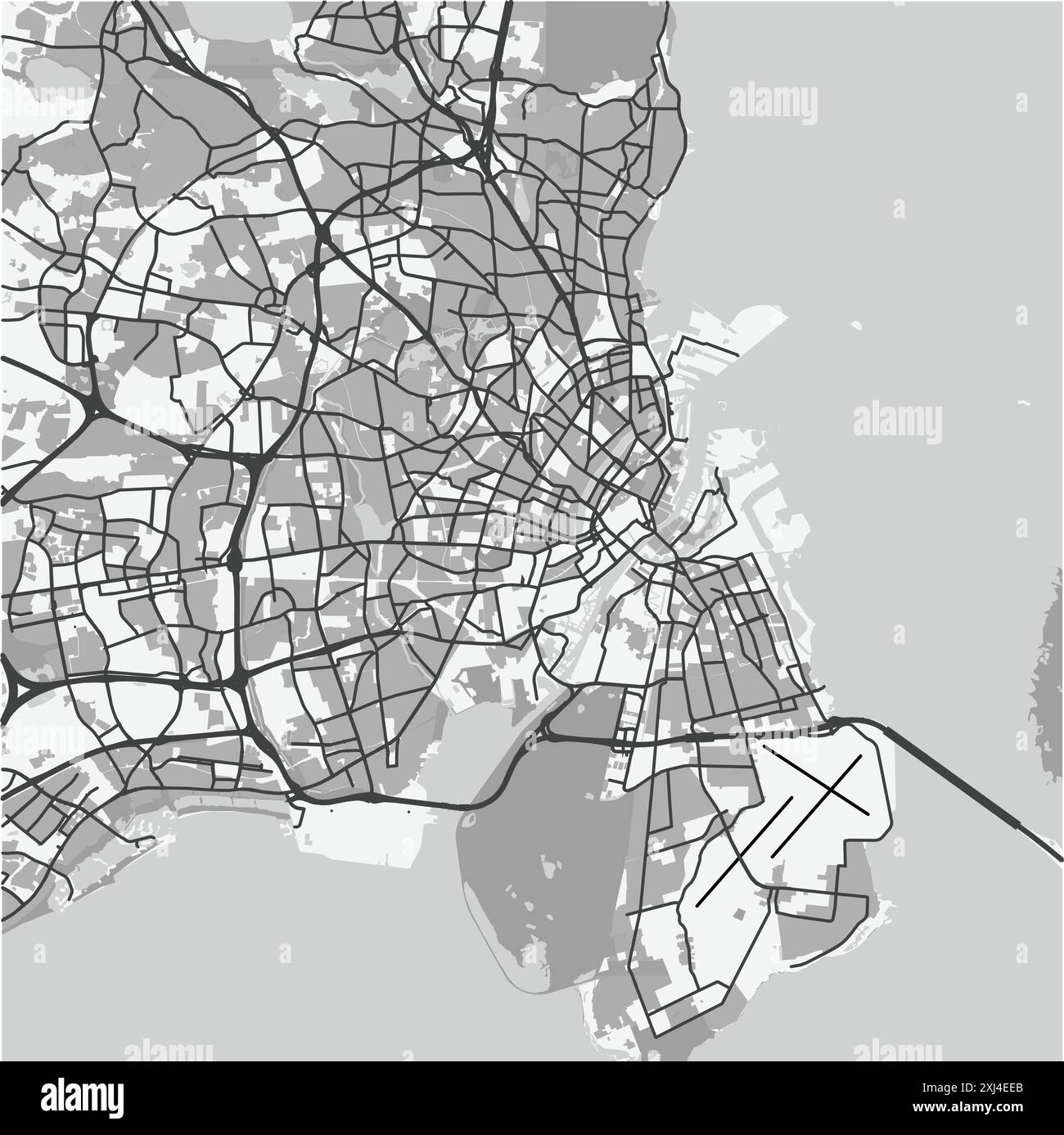 Map of Copenhagen in Denmark in grayscale. Contains layered vector with roads water, parks, etc ...