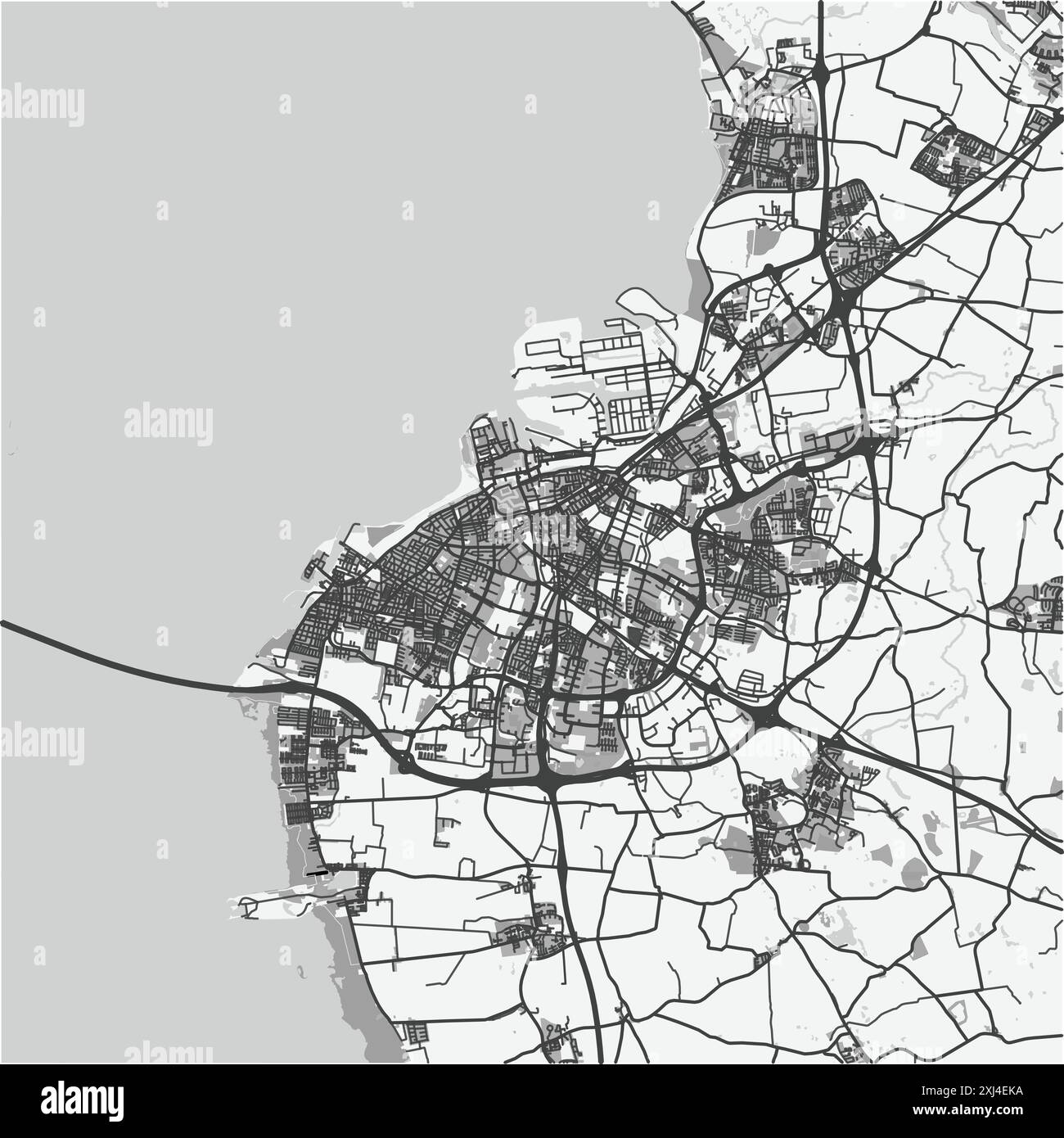 Map of Malmo in Sweden in grayscale. Contains layered vector with roads ...