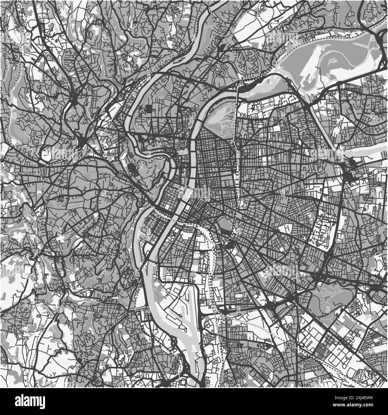 Map of Lyon in France in grayscale. Contains layered vector with roads ...
