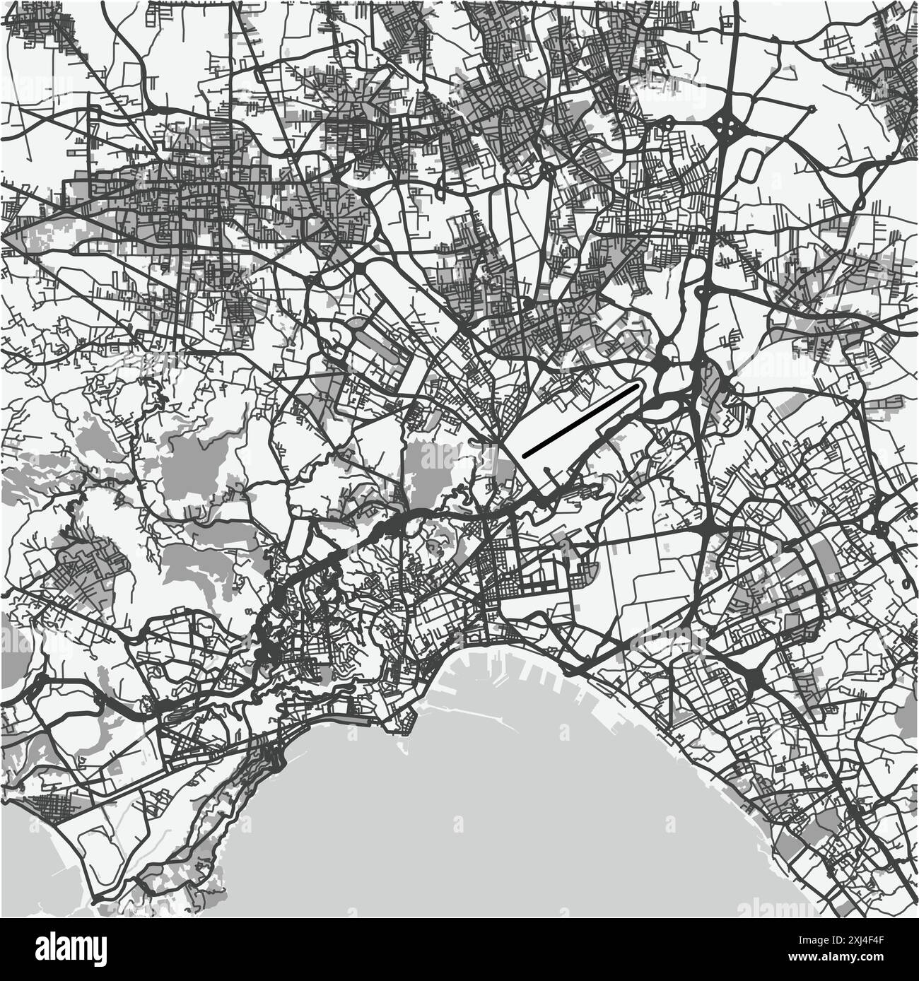 Map of Naples in Italy in grayscale. Contains layered vector with roads ...