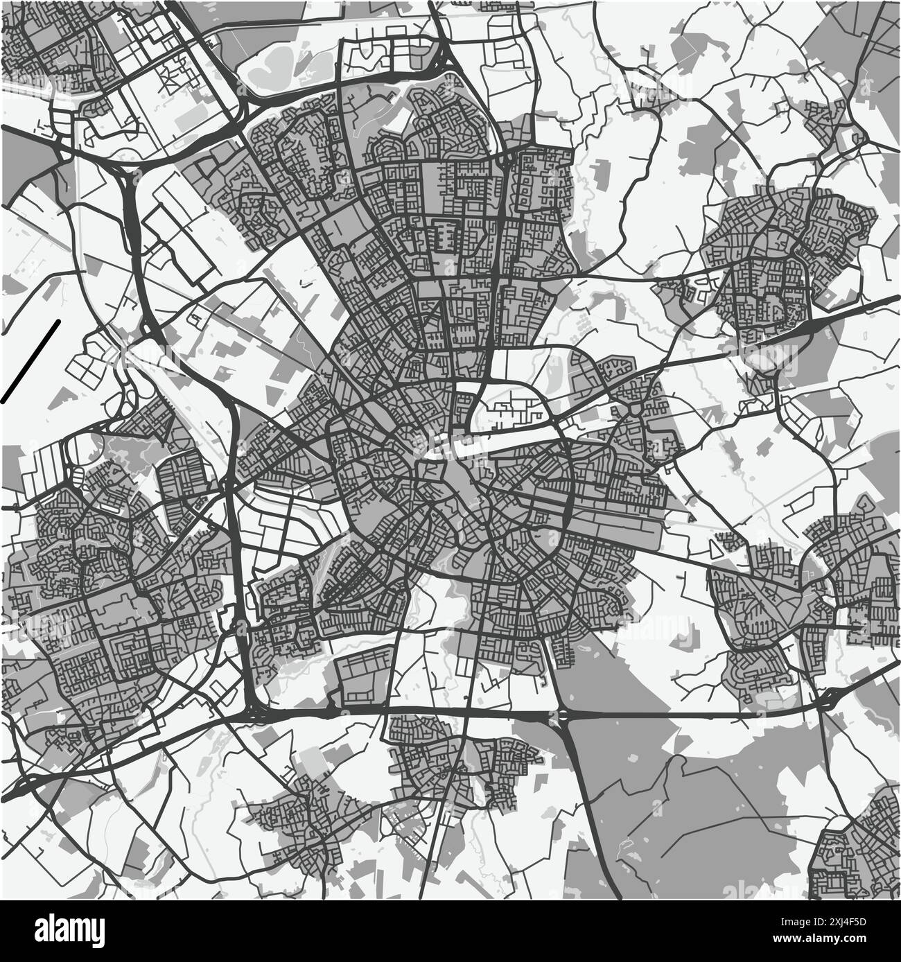 Map of Eindhoven in Netherlands in grayscale. Contains layered vector with roads water, parks ...