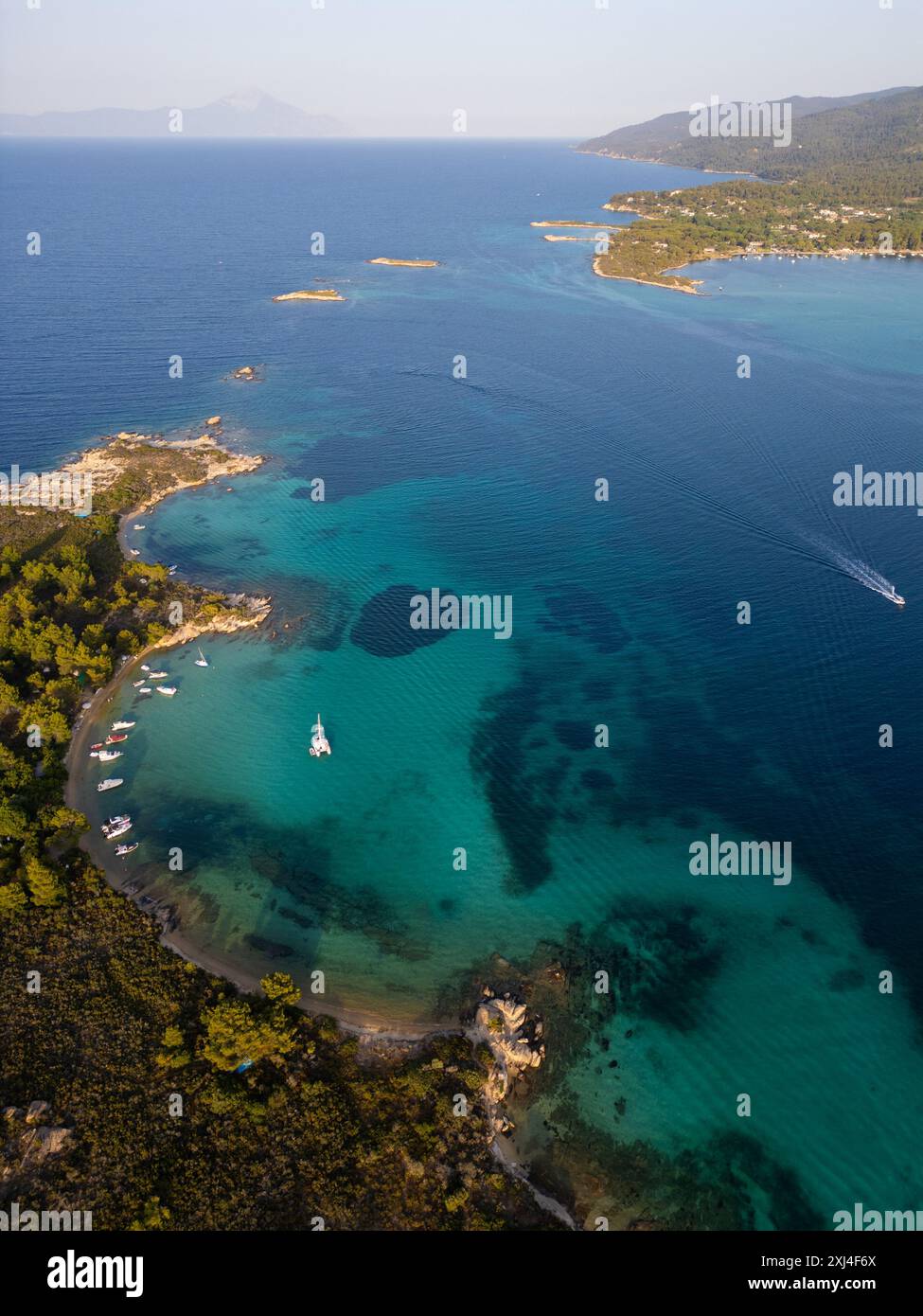 Aerial view of an island on Sithonia Peninsula, Greece, with beaches ...