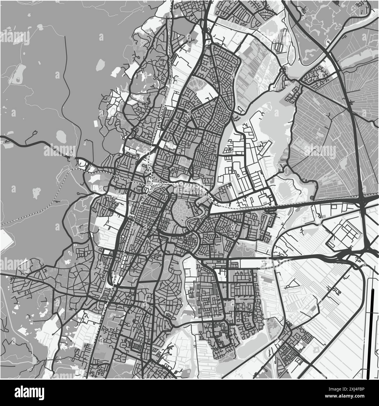 Map of Haarlem in Netherlands in grayscale. Contains layered vector with roads water, parks, etc ...