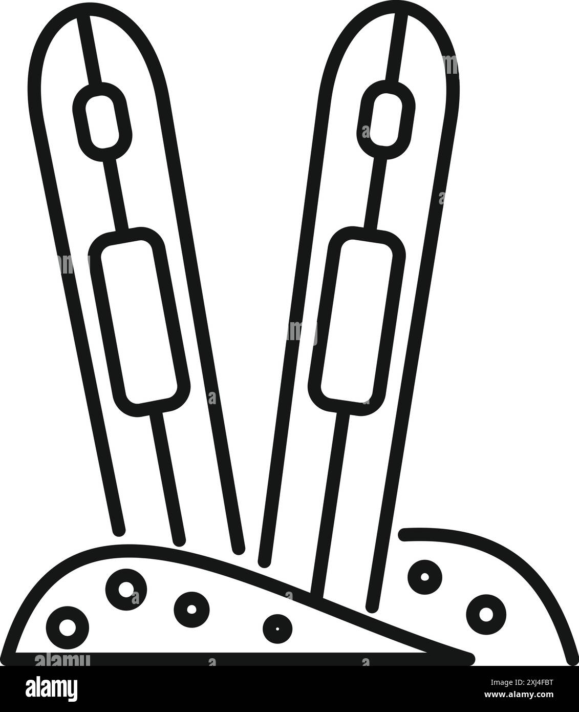 Black and white line art of a pair of skis standing upright on a snowy ...