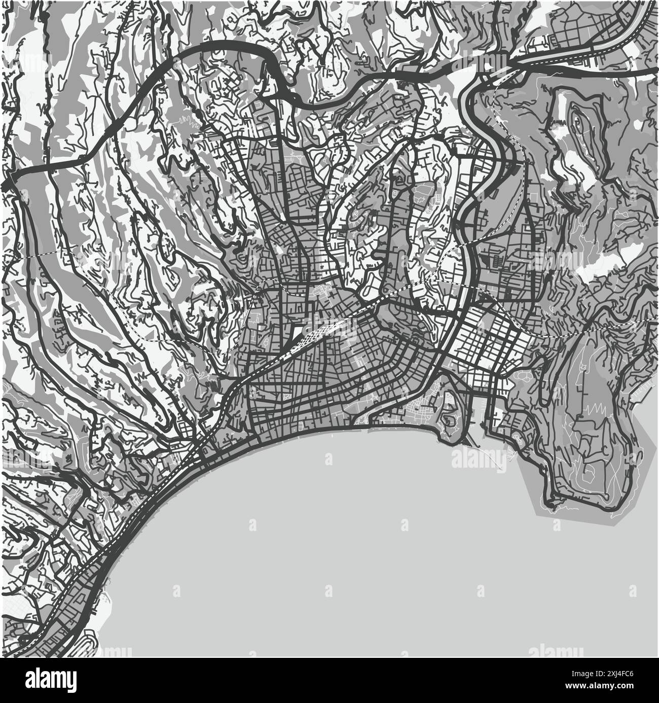 Map of Nice in France in grayscale. Contains layered vector with roads ...