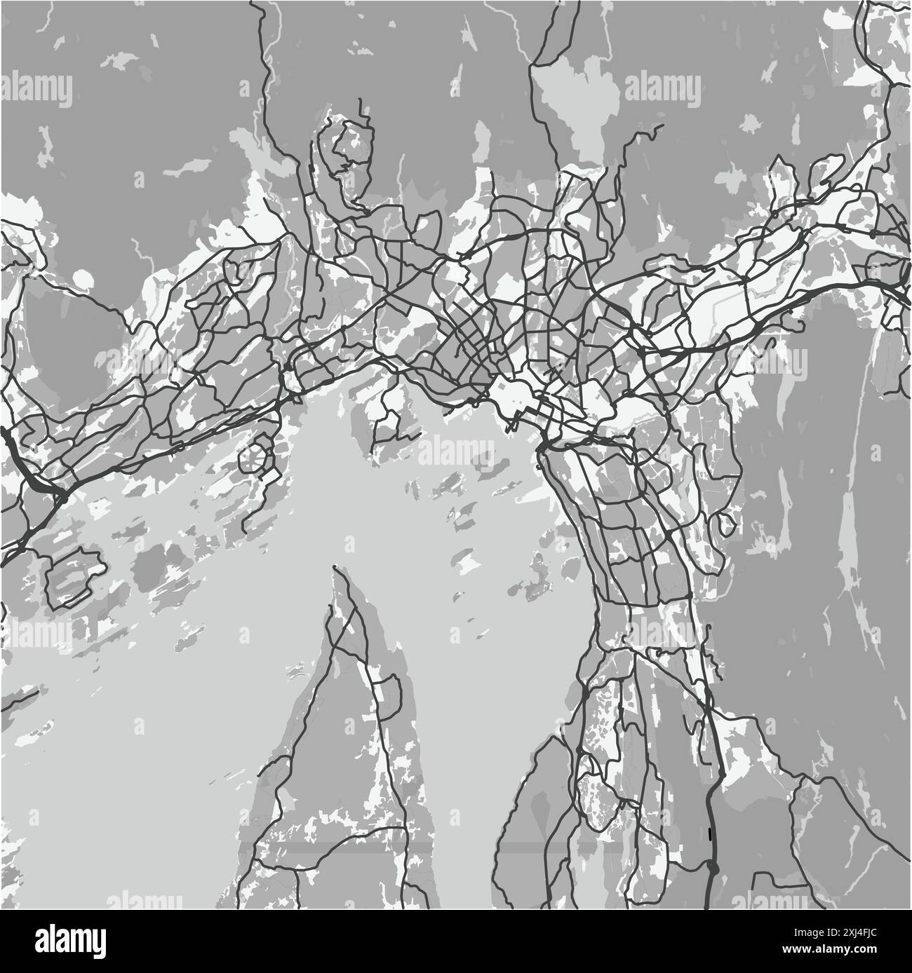 Map of Oslo in Norway in grayscale. Contains layered vector with roads ...
