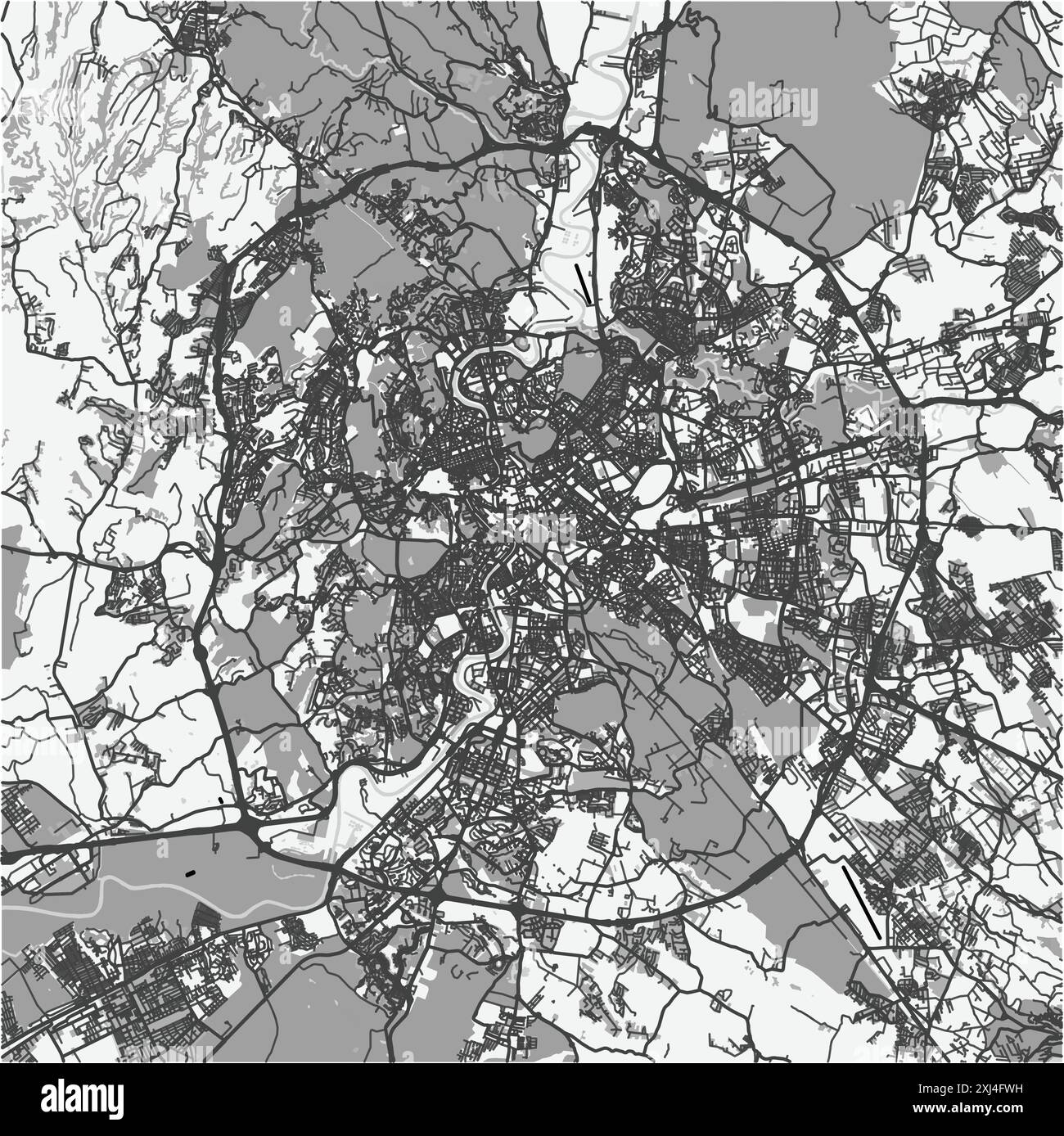 Map of Rome in Italy in grayscale. Contains layered vector with roads ...