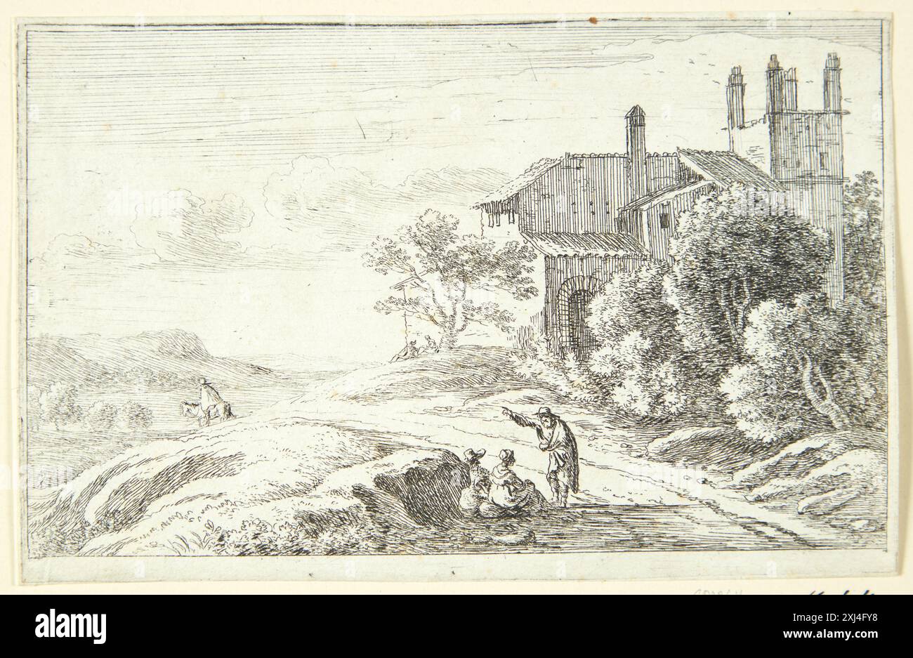 Etching by Herman van Swanevelt showing a building with a square tower ...