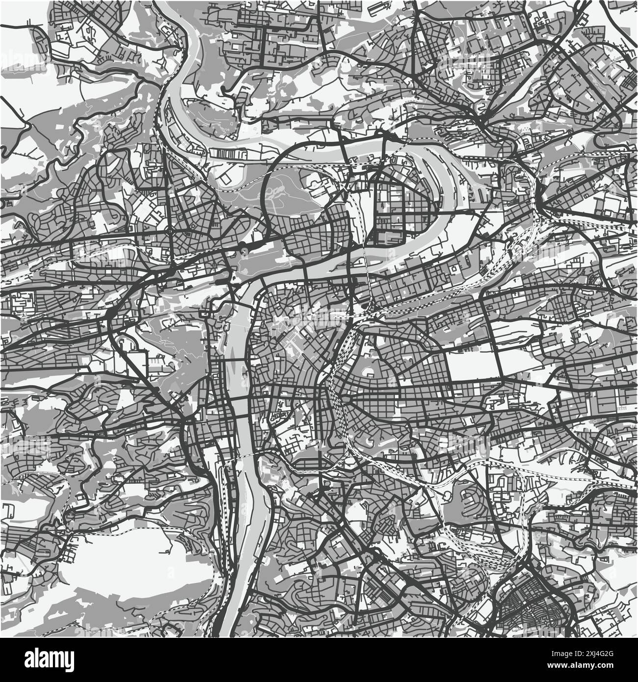 Map of Prague in Czech Republic in grayscale. Contains layered vector ...
