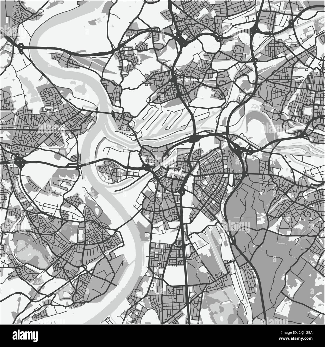Map of Duisburg in Germany in grayscale. Contains layered vector with roads water, parks, etc ...
