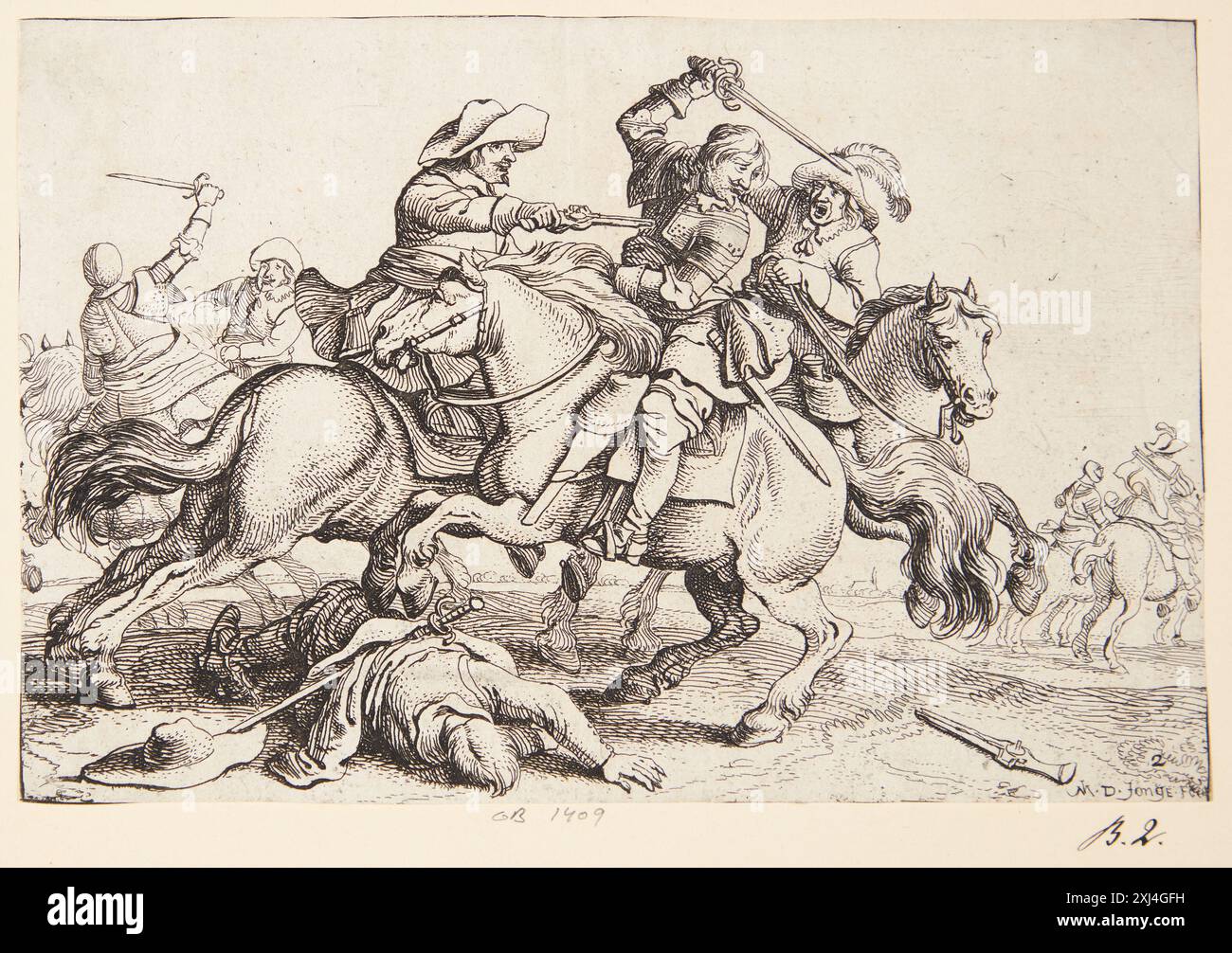 Etching by Jan Martszen de Jonge depicting three mounted soldiers in ...